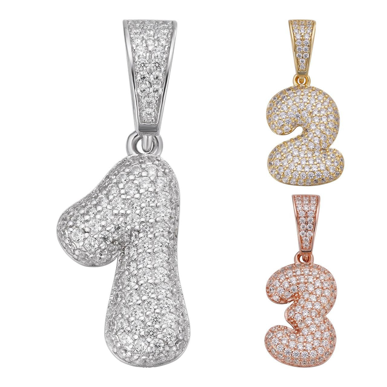 Solid 925 Silver / Gold Bubble Lucky Number Pendant Iced Simulated ...