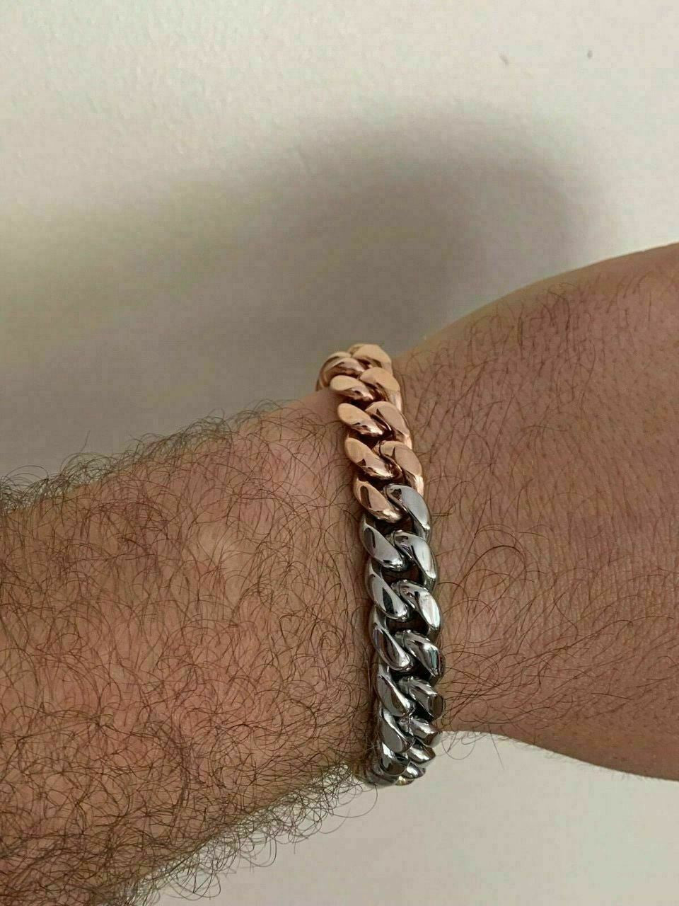 12mm Men's Miami Cuban Link Bracelet Tri Color Gold Over SS Icy Diamond ...