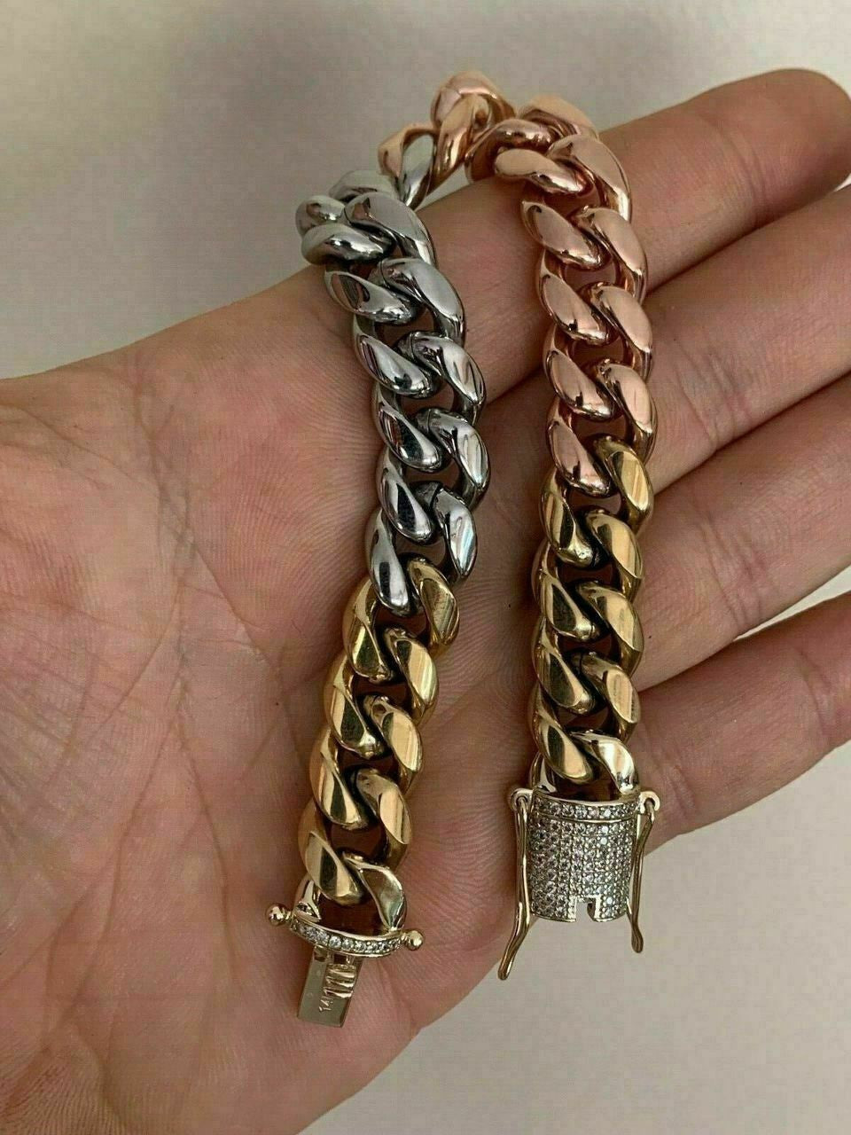 12mm Men's Miami Cuban Link Bracelet Tri Color Gold Over SS Icy Diamond ...