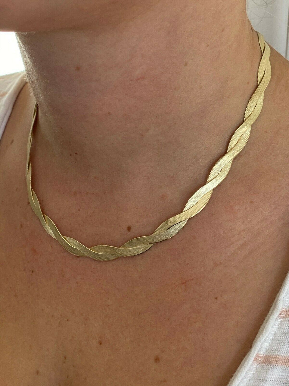 14k Gold Over Solid 925 Silver Twisted Braided Herringbone Chain Neckl ...