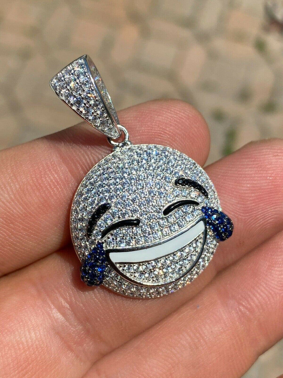 925 Sterling Silver Hip Hop LOL Emoji Pendant Necklace Iced Smiley ...