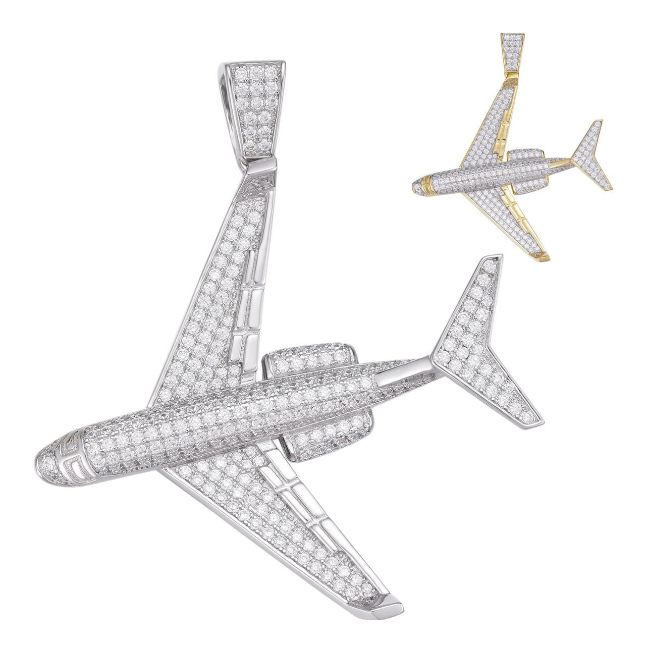 Real 925 Silver Gold Bling Out Iced Airplane Hip Hop Pendant Necklace ...
