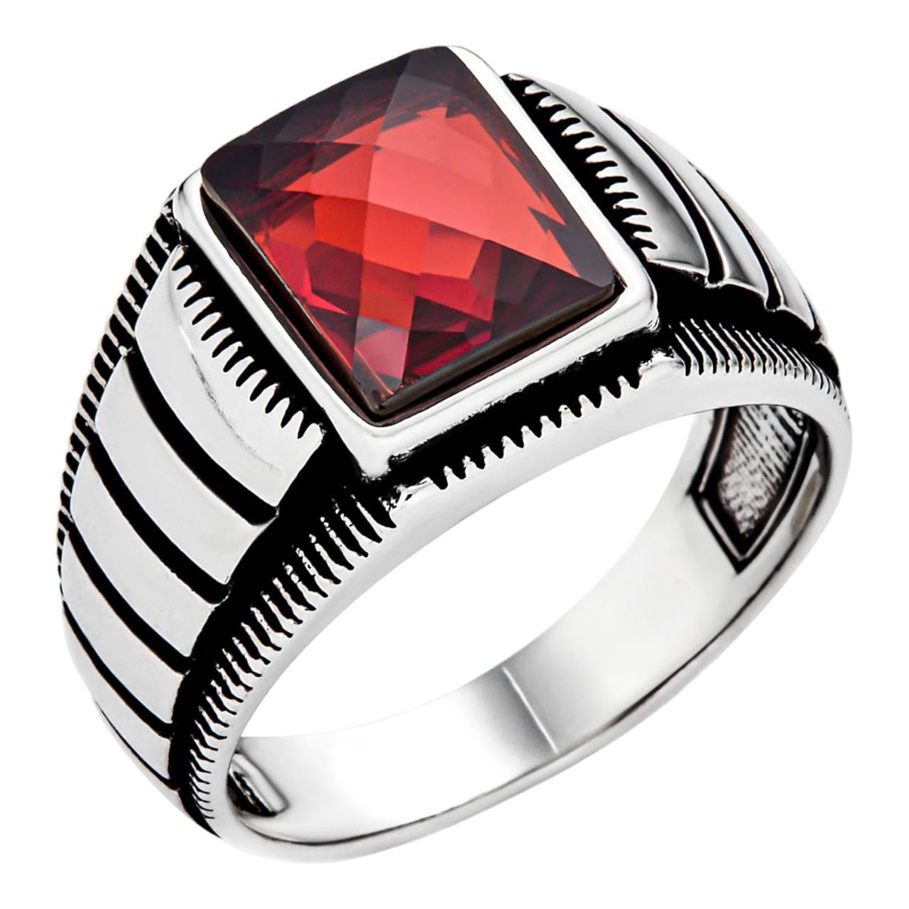 Mens Real 925 Sterling Silver Simulated Ruby Red CZ Gem Stone Pinky ...