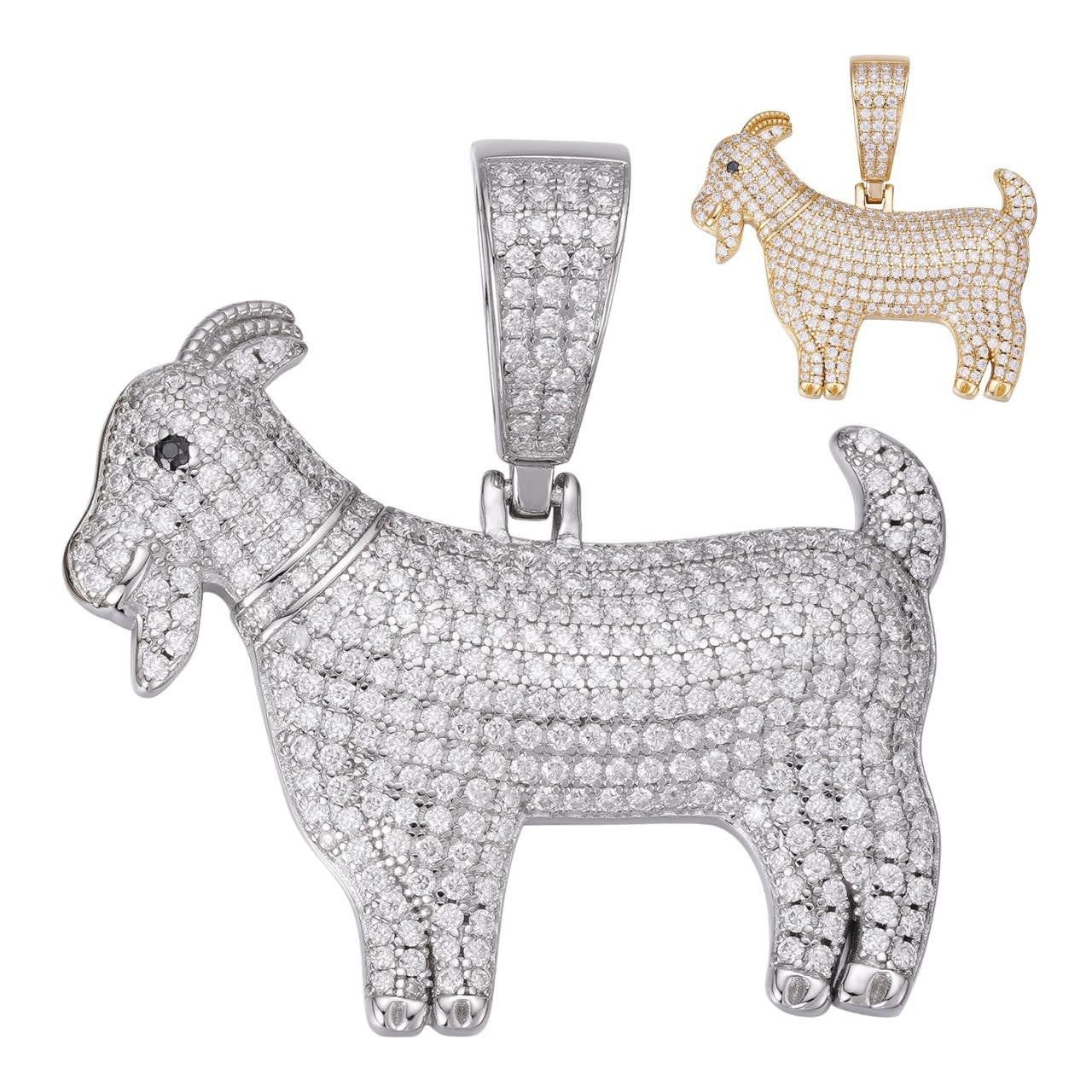 Real Solid 925 Sterling GOAT Pendant Bling Necklace Iced Gold Silver ...