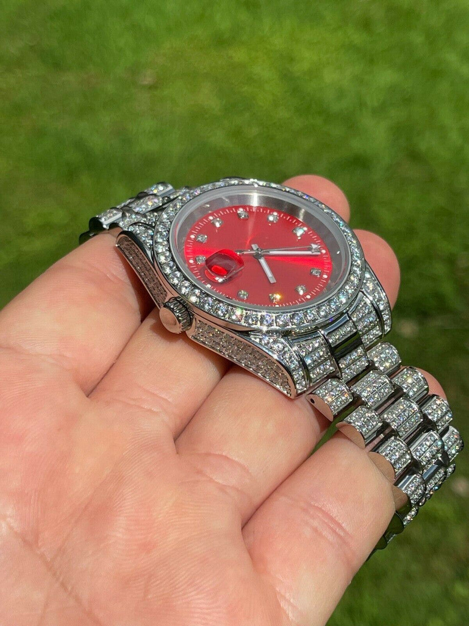 Men Red Dial Presidential Real SS 41mm Watch Fully Iced 12ct Flooded O ...