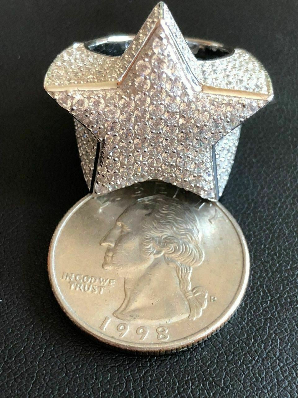 Men's Hip Hop 3D STAR Solid 925 Silver 5ct Diamond Pinky RING 14k Gold ...