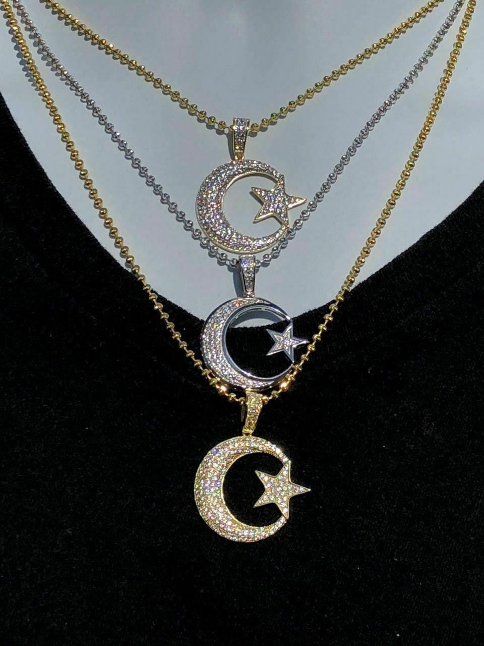 Mens Solid 925 Silver Crescent Moon & Star Islam Muslim Arabic Pendant ...