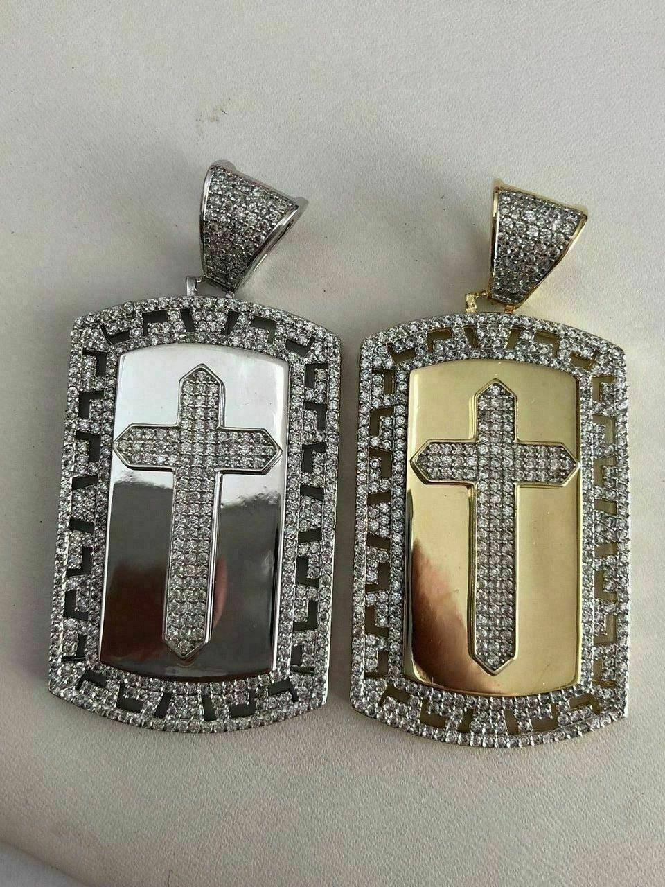Mens Solid 925 Silver Real Icy 1ct Diamond Dog Tag Cross Pendant 14k G ...