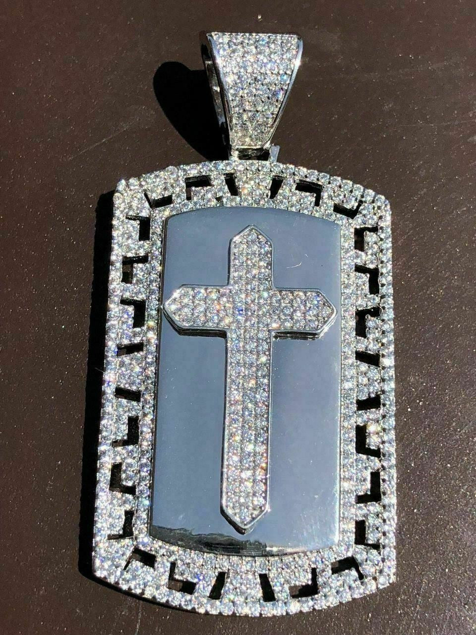 Mens Solid 925 Silver Real Icy 1ct Diamond Dog Tag Cross Pendant 14k G ...