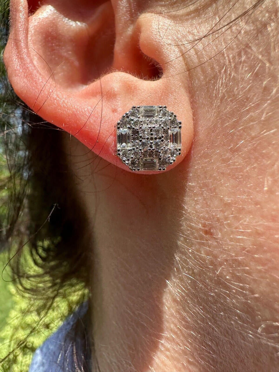 Moissanite 3D Iced 925 Silver Screwback Earrings 10mm Baguette Iced ...