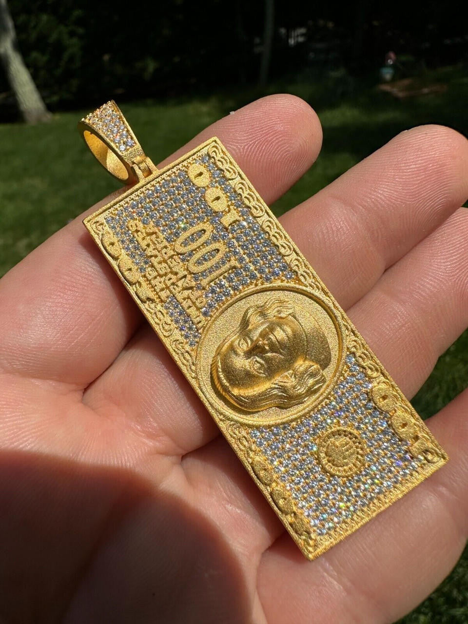 Moissanite $100 Dollar Bill 925 Silver/Gold Plated Iced Hip Hop Pendant ...