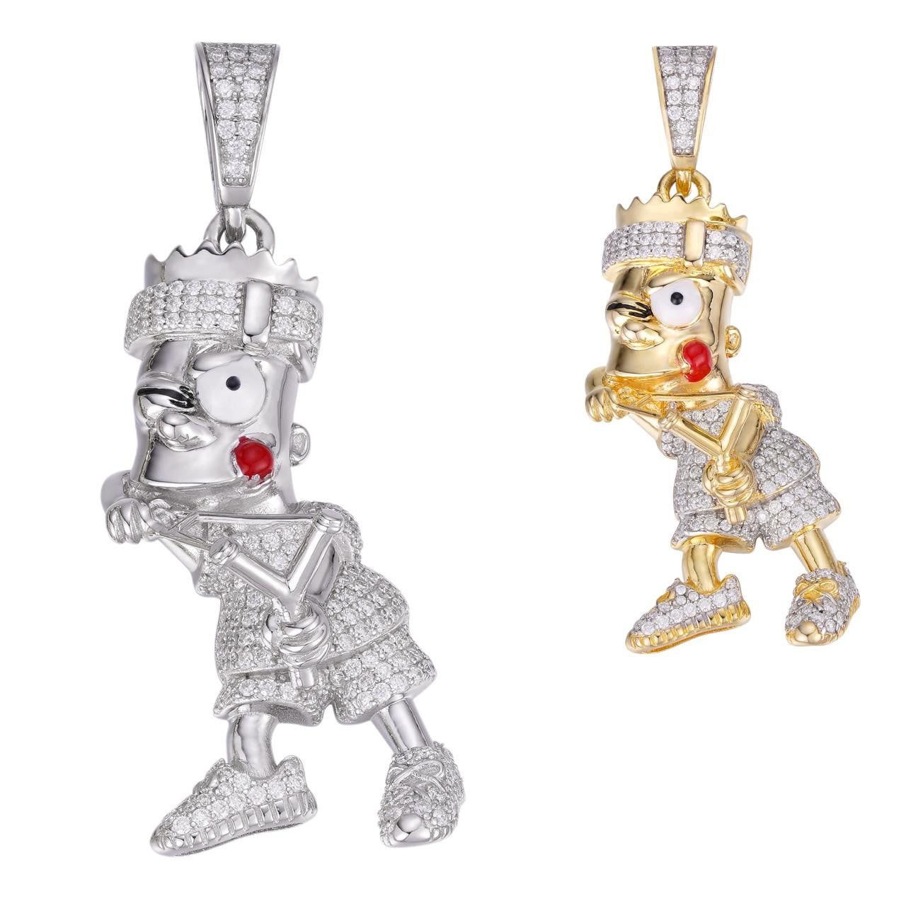 MOISSANITE Real Silver / Gold Iced Bart Simpson Pendant Necklace ...