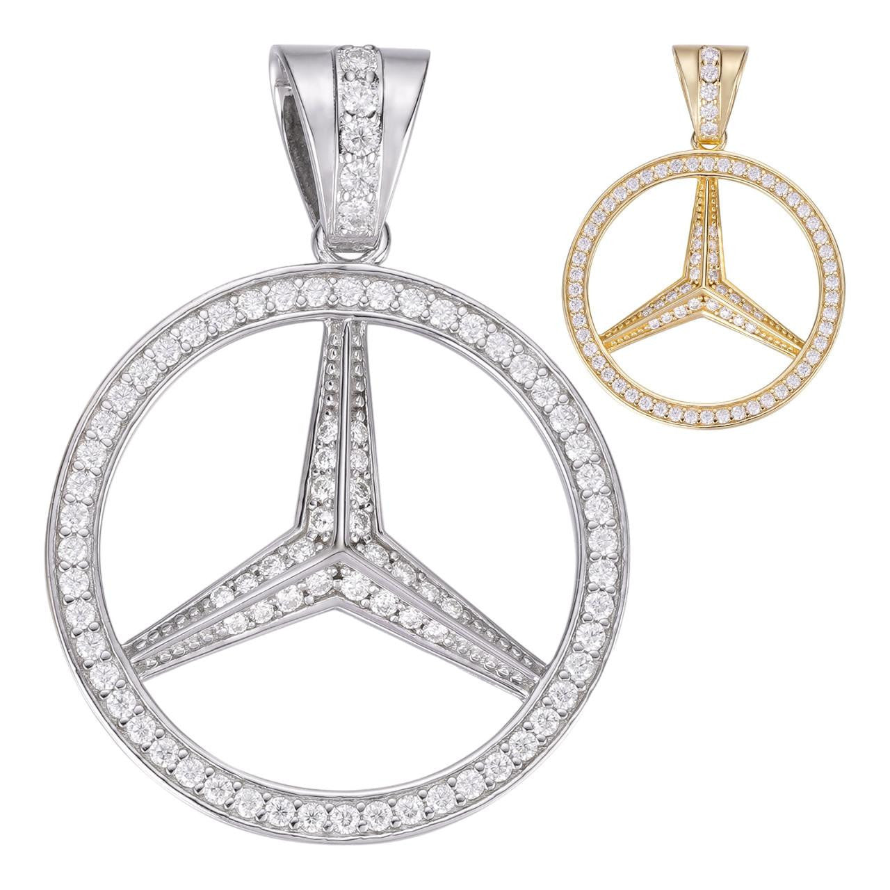 1ct MOISSANITE 925 Silver/Gold Plated Iced Mercedes Benz Logo Pendant ...