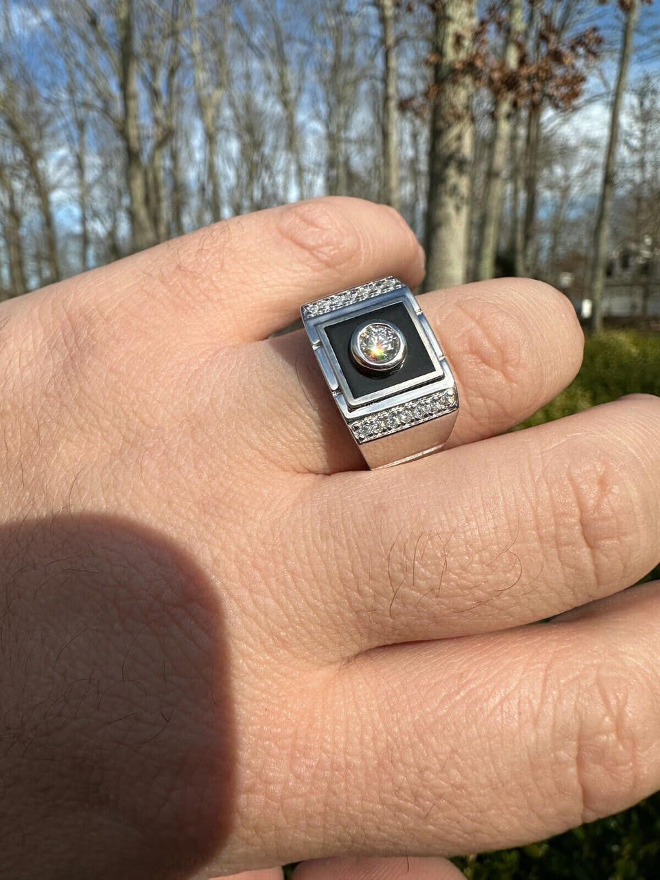 Moissanite Men's Real 925 Silver Iced Black Onyx Stone Ring Pass ...