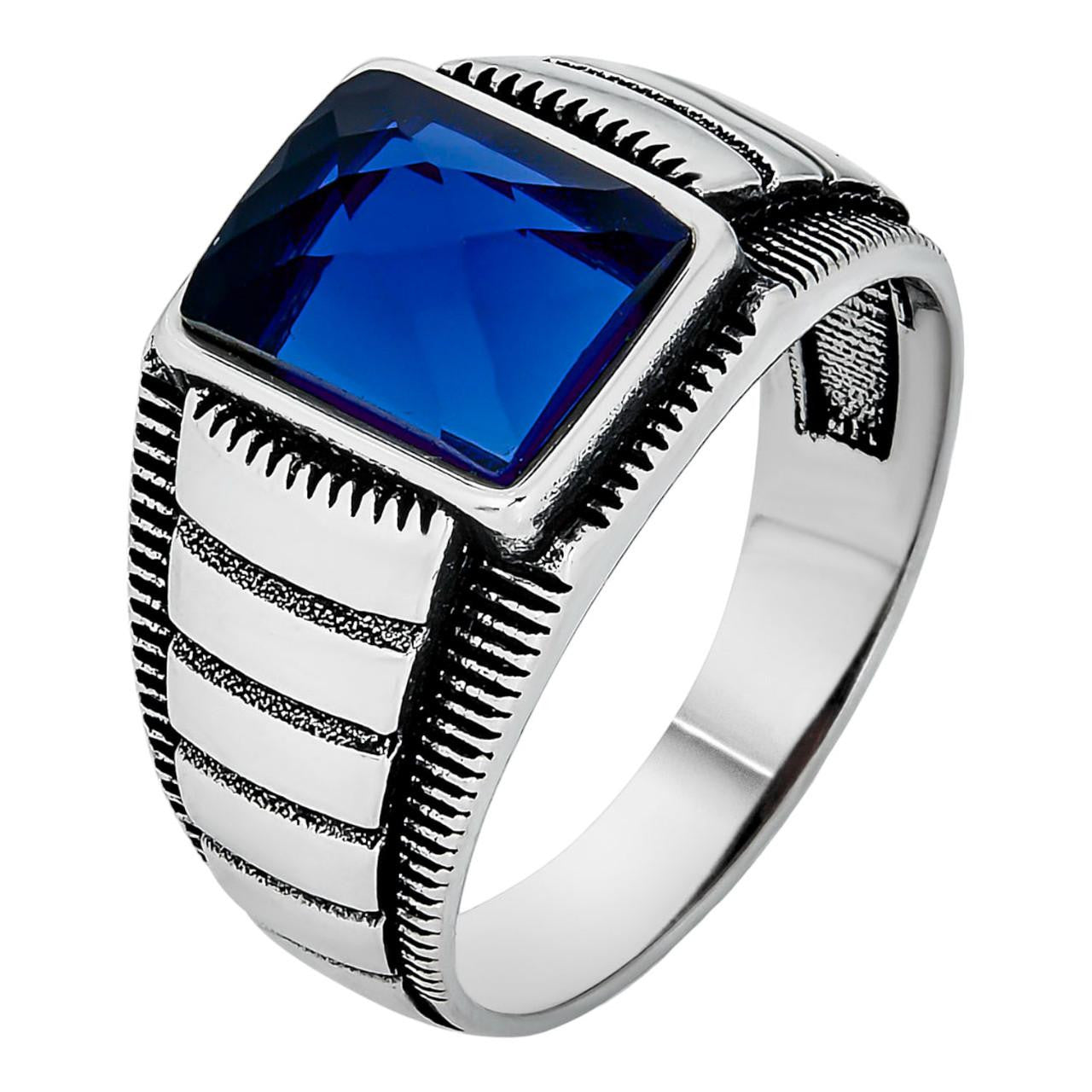 Mens Plain Real 925 Sterling Silver Blue Sapphire Stone Ring Size 7 8 9 ...
