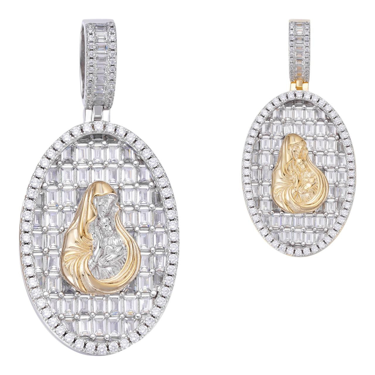 Solid 925 Silver & 14k Gold Virgin Mary Iced Diamond Medallion Pendant ...