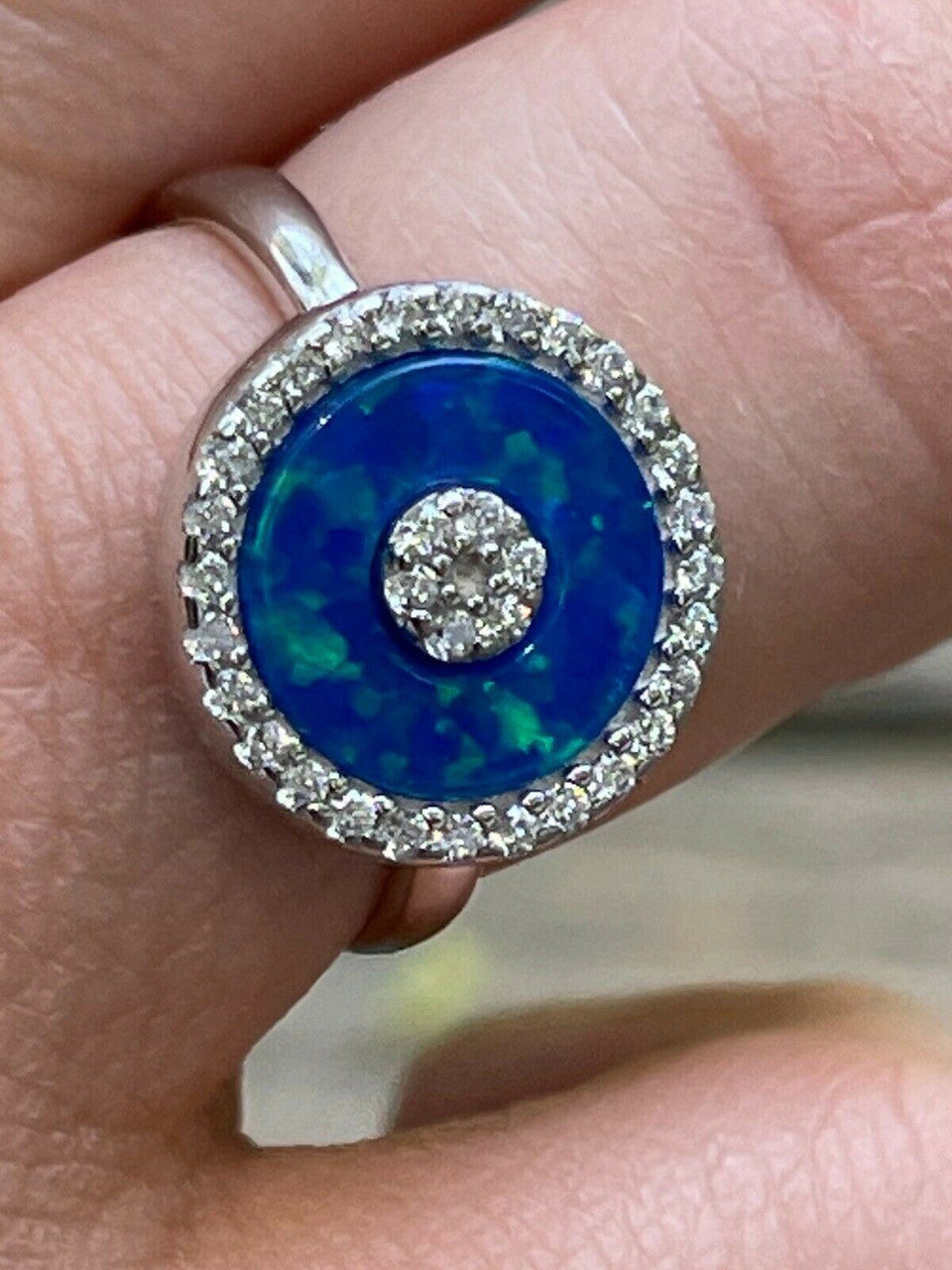 Real 925 Silver Evil Eye Man Made Blue Opal & Diamond Ring Girls Ladie ...