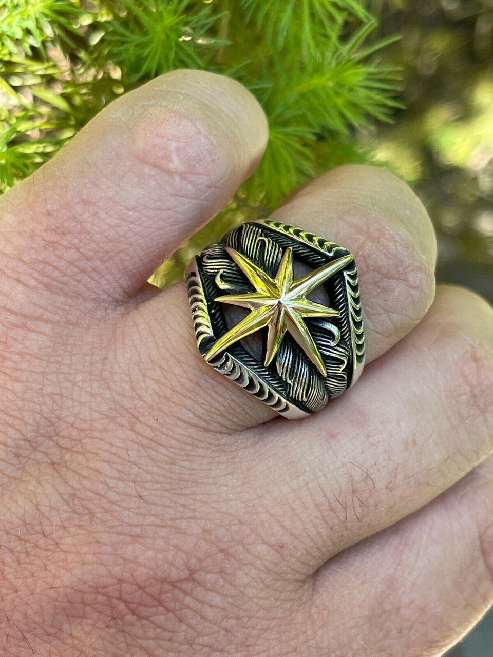 Real 925 Sterling Silver & 10k Gold Mens Nautical Compass Star Ring ...