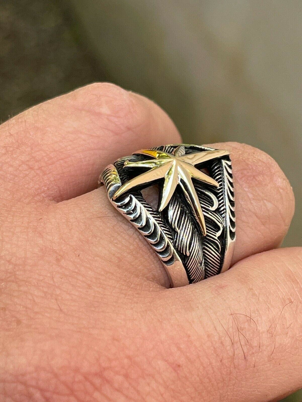 Real 925 Sterling Silver & 10k Gold Mens Nautical Compass Star Ring ...