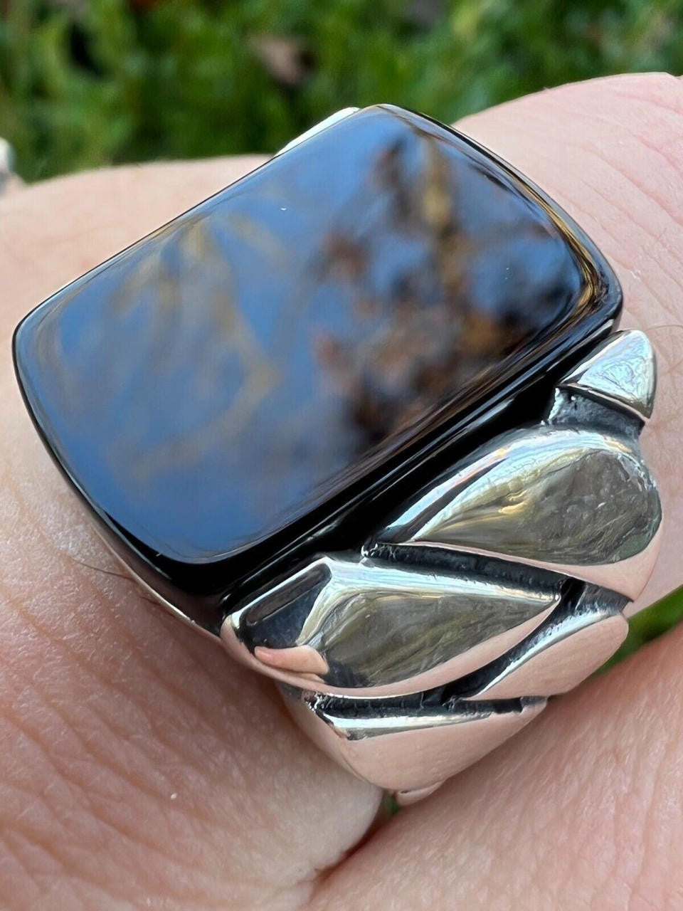 Real 925 Sterling Silver Natural Black Onyx Gemstone W. Miami Cuban Design Ring – Harlembling