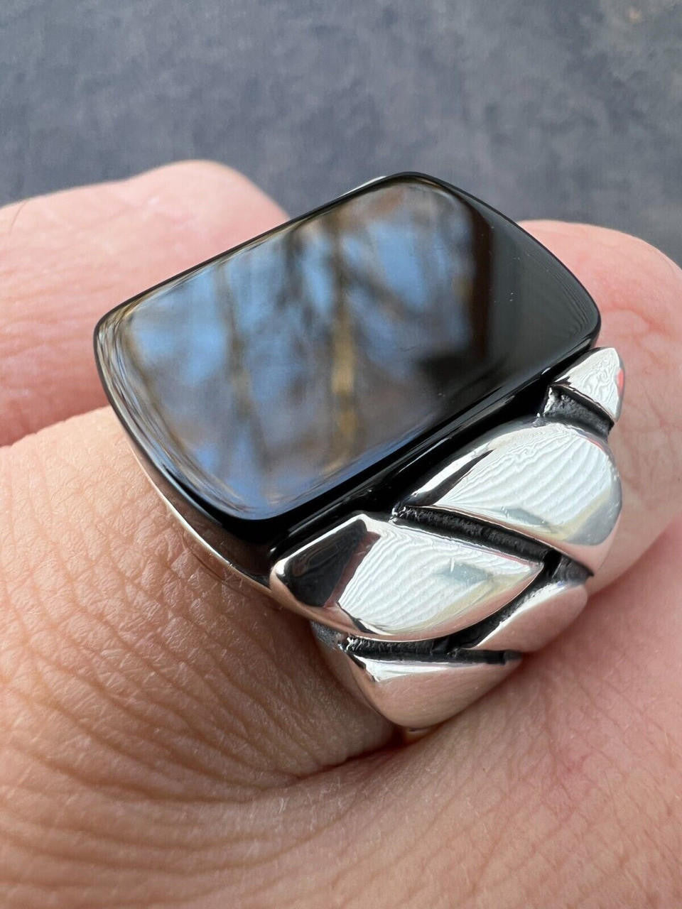 Real 925 Sterling Silver Natural Black Onyx Gemstone W. Miami Cuban Design Ring – Harlembling