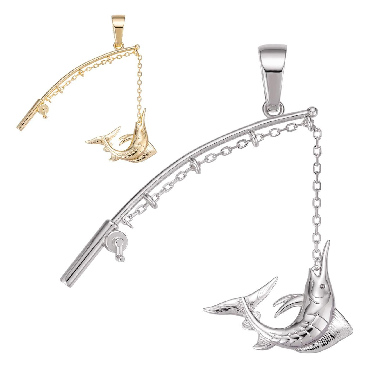 Real Large Mens 925 Silver / Gold Fishing Pendant Rod & Marlin Fish Ne ...
