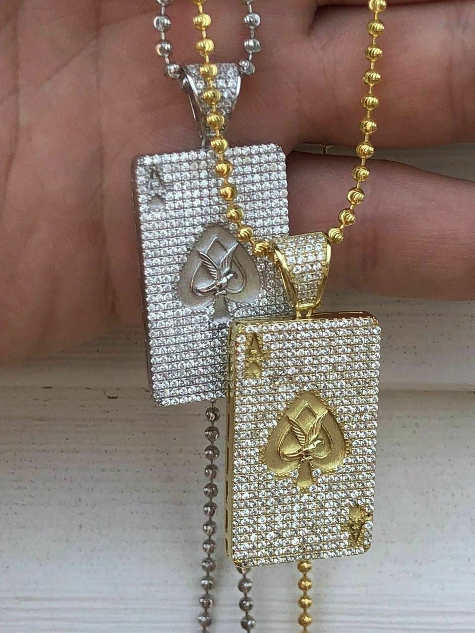 Solid 925 Sterling Silver 14k Gold Ace of Spades Poker Card Diamond ...