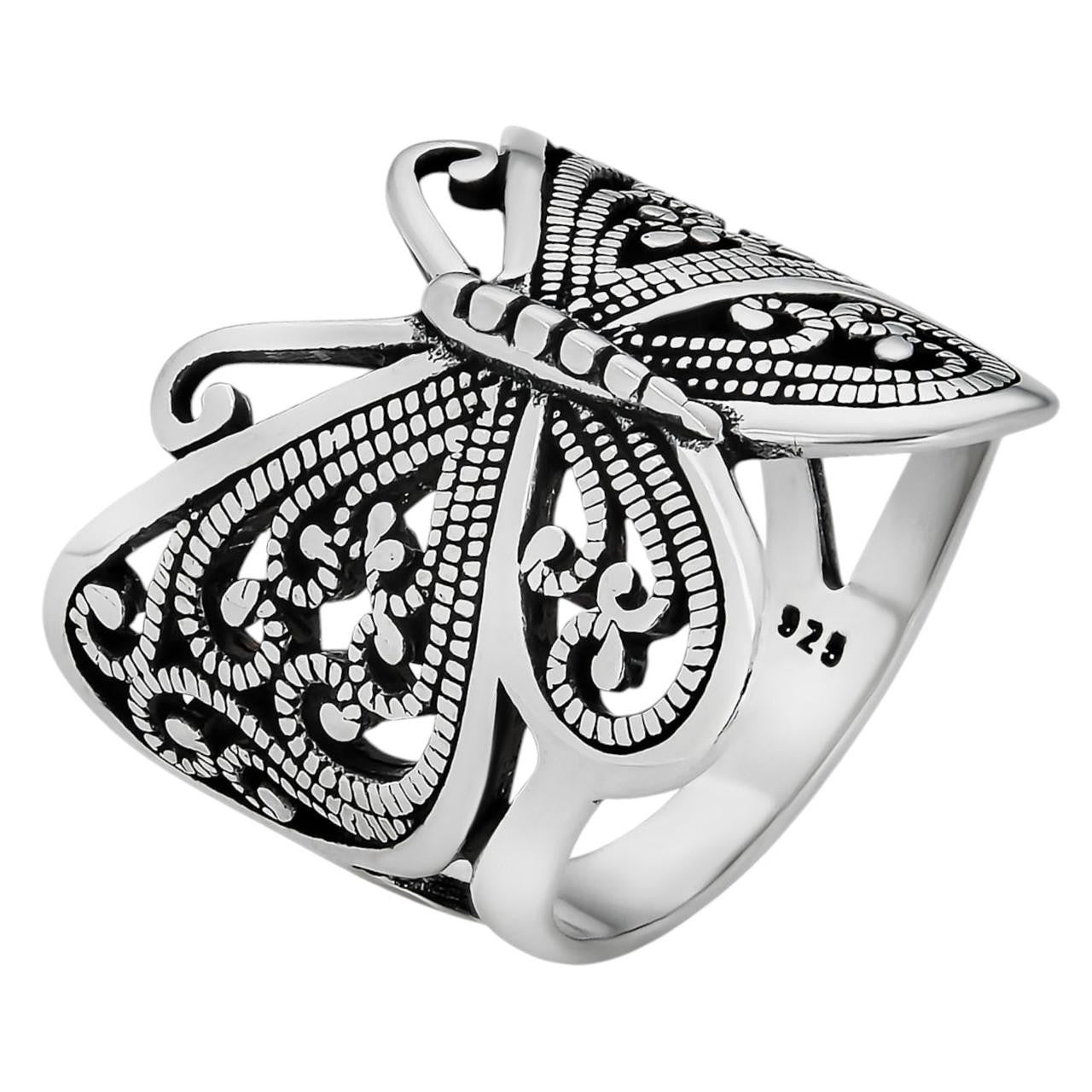 Solid 925 Sterling Silver Large Butterfly Ring Oxidized Rhodium Vintag ...