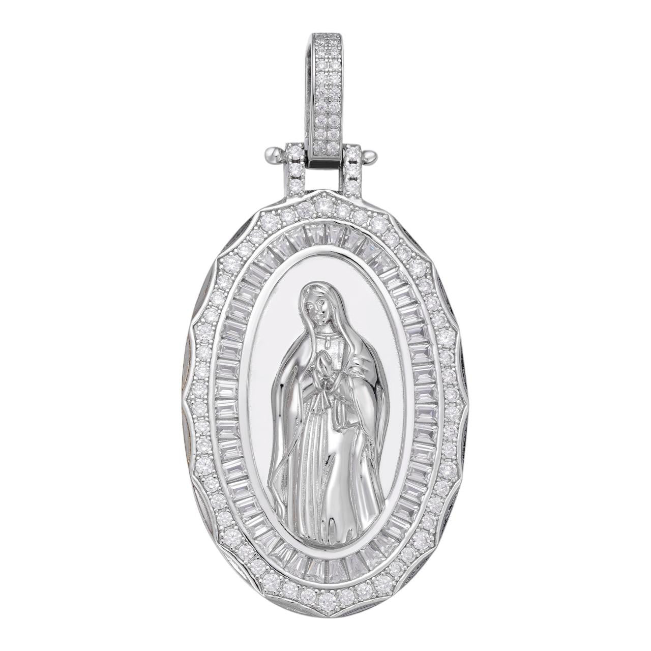 Real 925 Sterling Silver Virgin Mary Necklace Pendant Iced Diamond ...