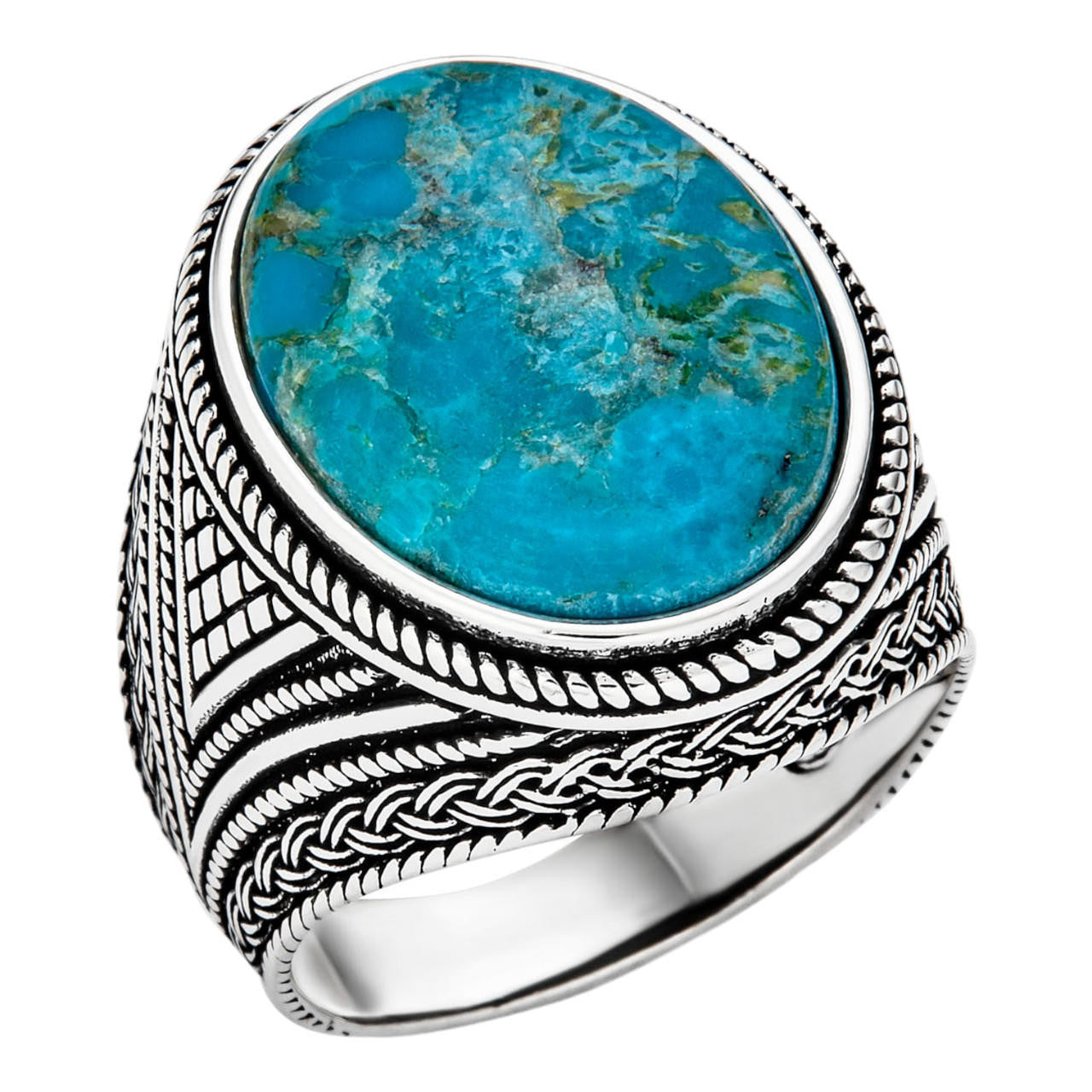 Natural Turquoise Mens Real Solid 925 Silver Handmade Oval Native ...