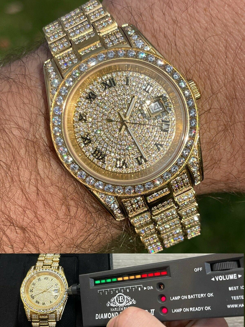 15ct MOISSANITE Gold Mens Presidential Watch Iced Hip Hop Out Pass Dia ...
