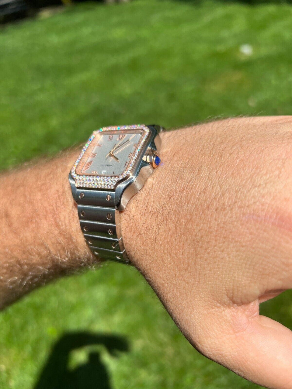 Real Mens 2.5ct MOISSANITE Watch Two Tone Rose Gold Iced Automatic Pea ...