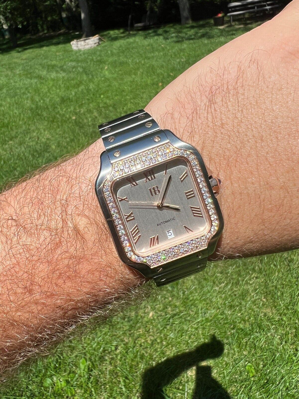 Real Mens 2.5ct MOISSANITE Watch Two Tone Rose Gold Iced Automatic Pea ...