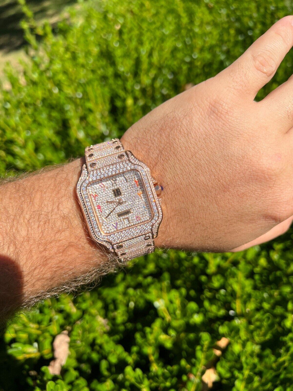 Real Mens MOISSANITE Watch Iced Automatic Movement Hip Hop Rose Gold A ...