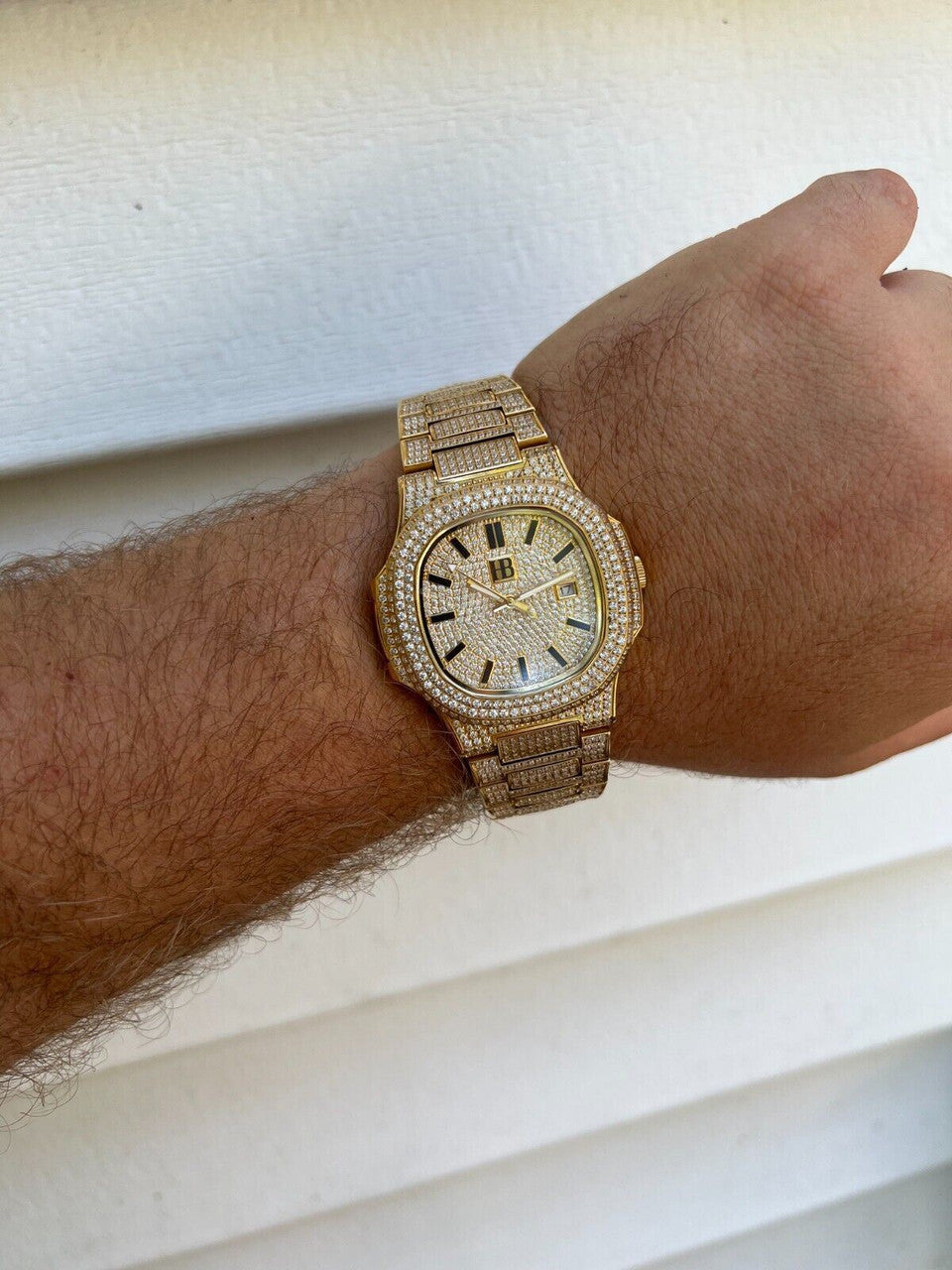 Real Mens Watch Fully Iced Gold Over Stainless Steel Bust Down Out 41m ...