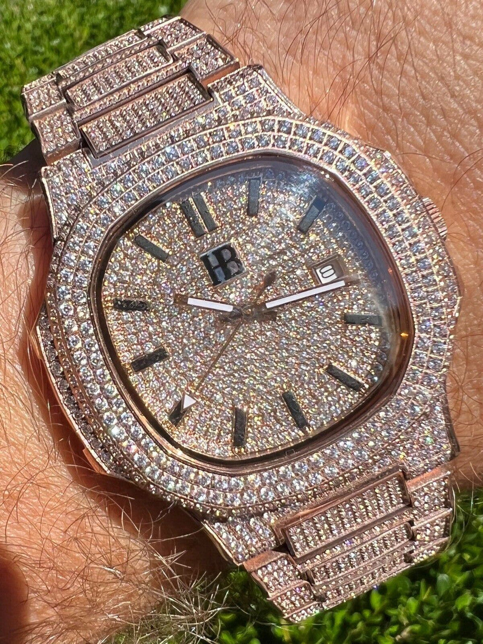 Real Mens Watch Fully Iced Rose Gold Stainless Steel Bust Down Out 41m ...