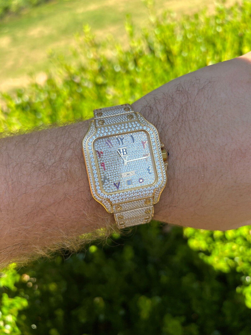 Real MOISSANITE Gold Watch Iced Automatic Arabic #s Hip Hop Pass Diamo ...