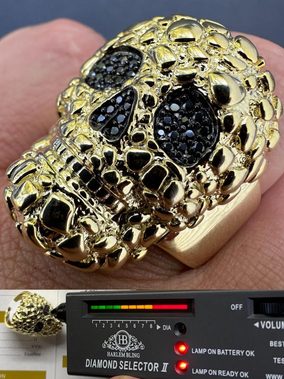 Gold Nugget Death Skull Ring Mens 14k Plated 925 Silver Real Black ...