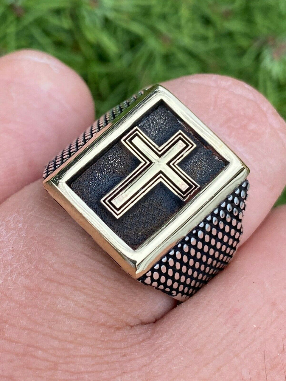 Mens 14k Gold & Real Solid 925 Sterling Silver Christian Cross Ring Ox ...